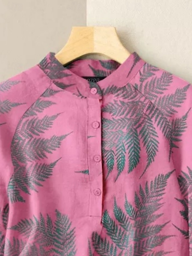 Women's Cotton Linen Shirts Leaf Vintage Stylish Basic Long Sleeve Crew ...