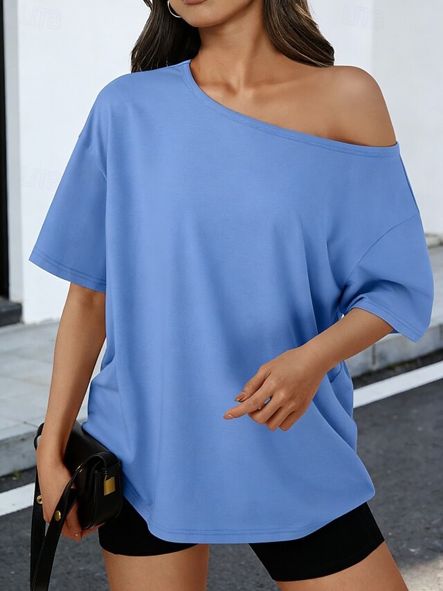 Women's T Shirt Solid Color Stylish Casual Short Sleeve Cold Shoulder ...