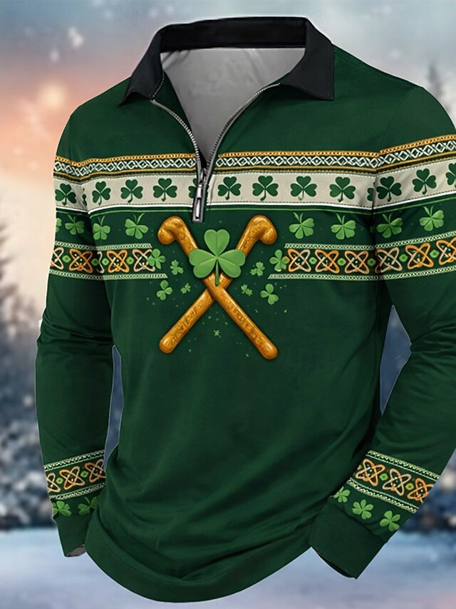 St Patrick's Day Men's Shamrock Polo Shirts Long Sleeve Turndown Modern ...