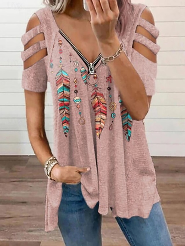 Women's Blouse Graphic Leaves Stylish Modern Casual Short Sleeve V Neck ...