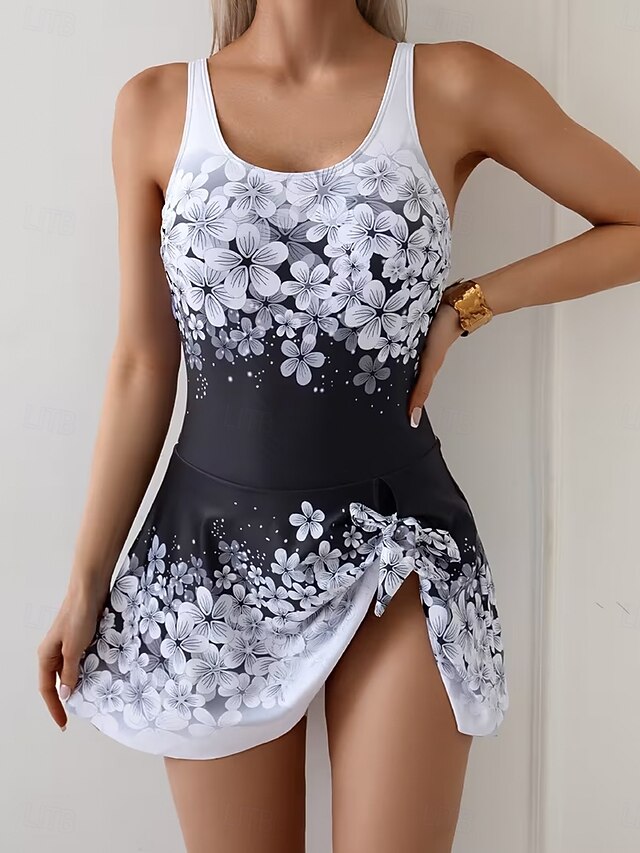 Women's Swimwear One Piece Skirt Swimsuit Elegant Vacation Ombre Floral ...