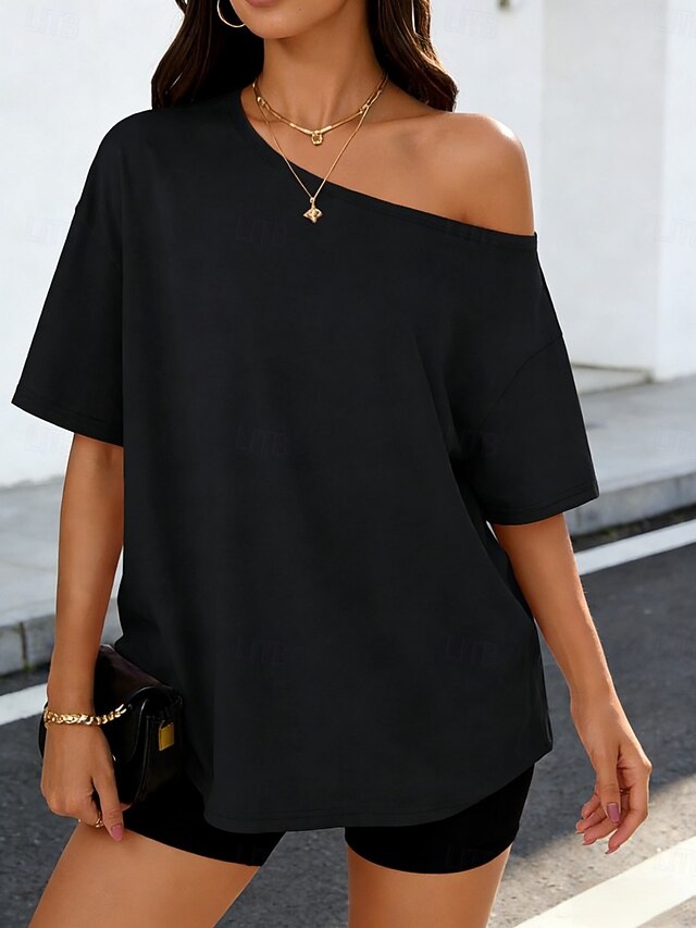 Women's T Shirt Solid Color Stylish Casual Short Sleeve Cold Shoulder ...