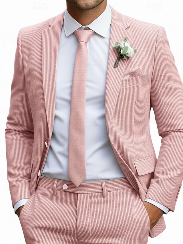 Men's Casual Beach Wedding Seersucker Suits Notch Lapel Pink Sky Blue ...