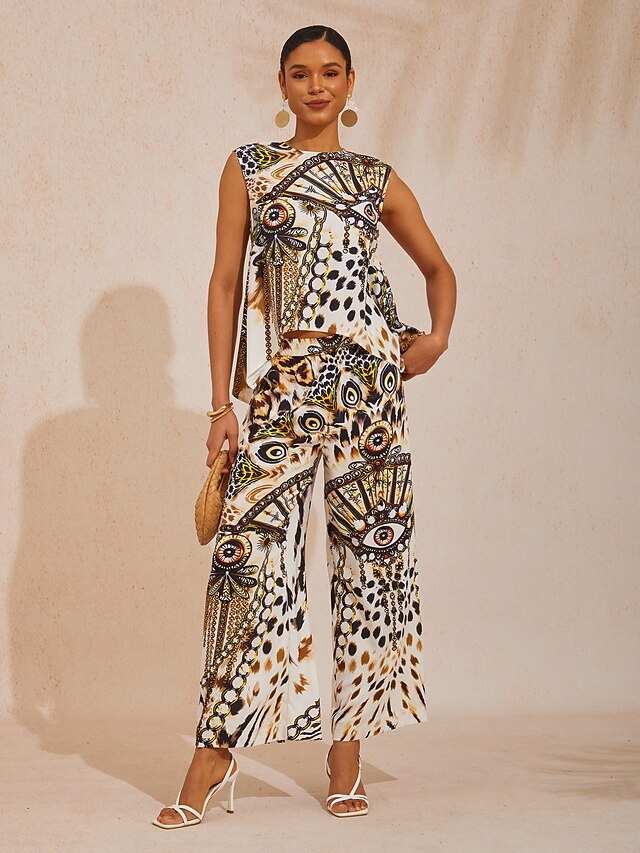 Vacation Leopard Chain Print Elastic Waist Satin Straight Pants 2026 ...