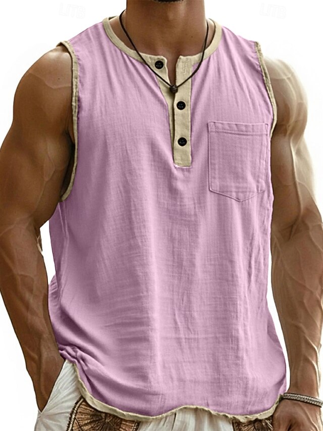 Men's Linen Shirt Tank Top Vest Top Undershirt Sleeveless Henley Summer ...