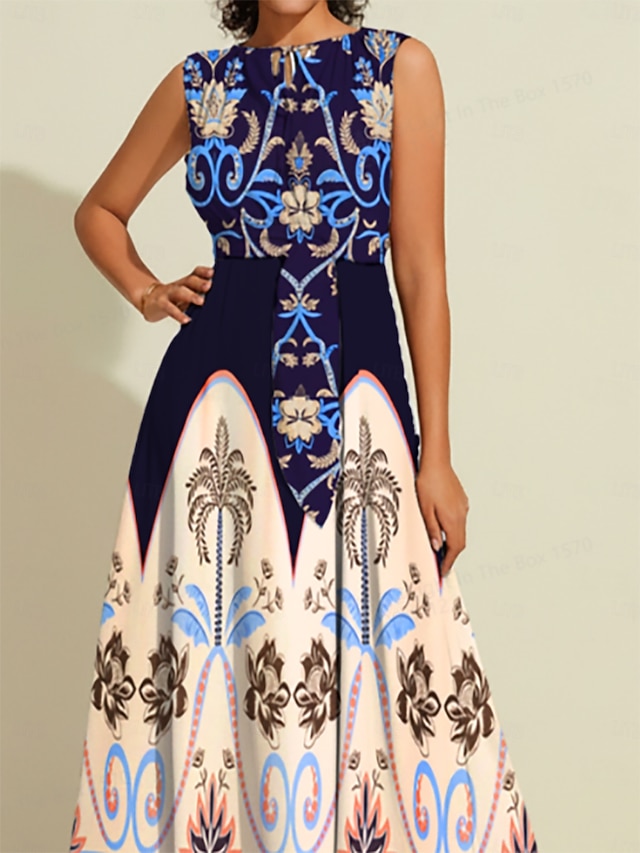 Vacation Color block Geometric Floral Waist cinching Satin Maxi Dress ...