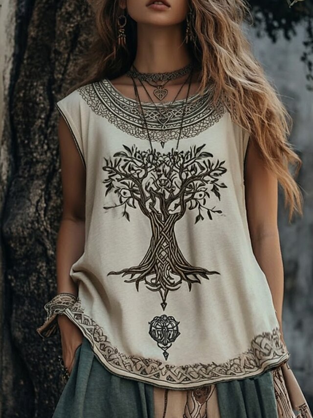 Women's VIKING Shirt Floral Bohemia Vintage Casual Sleeveless Crew Neck ...