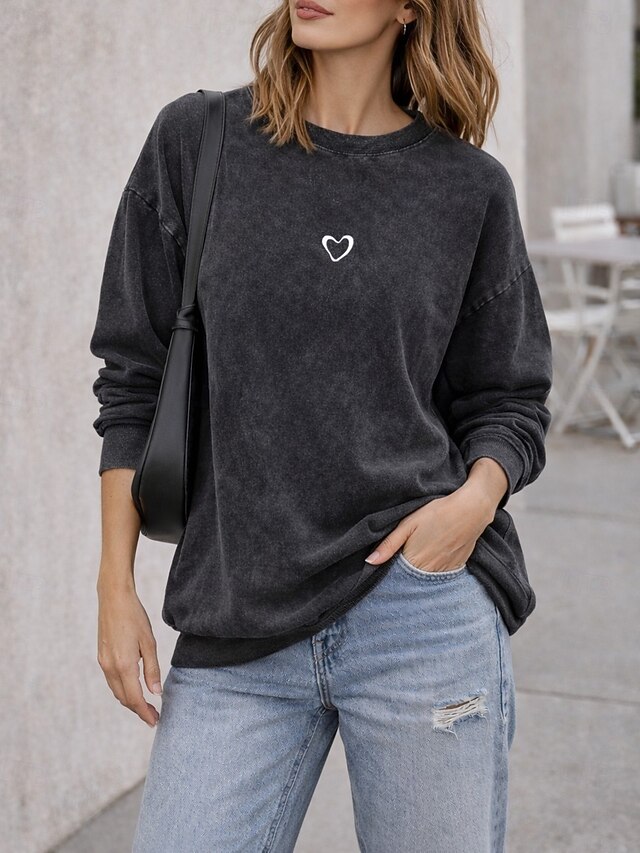 Women's T Shirt Solid Color Heart Vintage Stylish Casual Long Sleeve ...