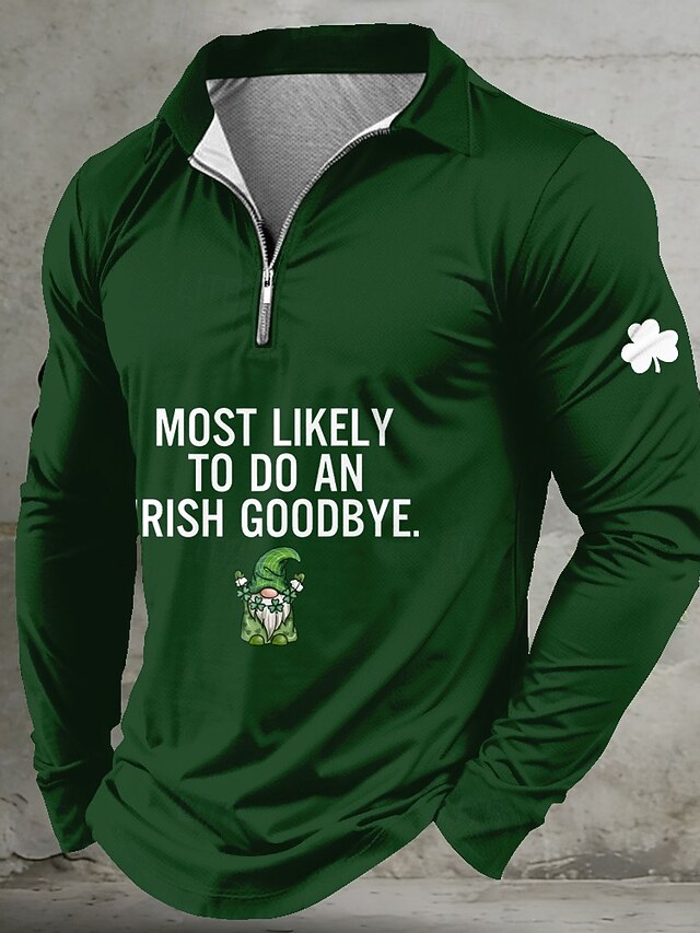 St Patrick's Day Men's Shamrock Leprechaun Zip Polo Shirts Long Sleeve ...