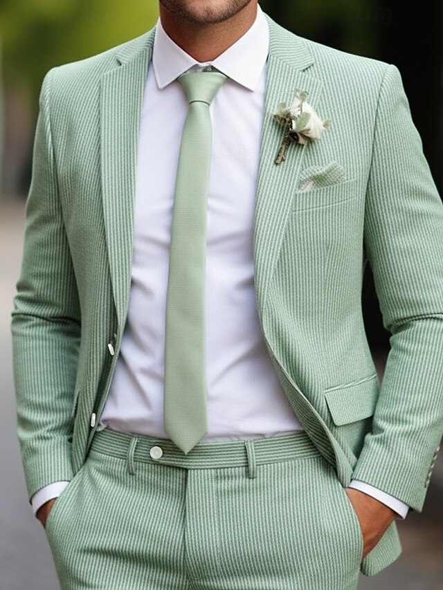 Men's Casual Beach Wedding Seersucker Suits Notch Lapel Pink Sky Blue ...