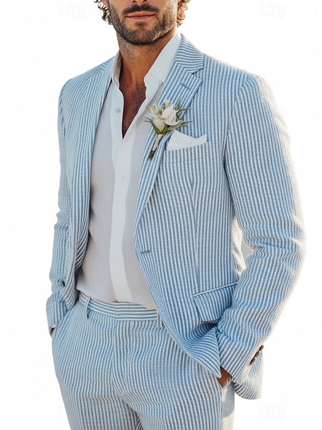 Men's Wedding Beach Wedding Linen Suits Beige Lightweight Casual Solid ...