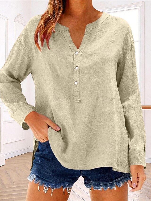 Women's Shirt Blouse Plain Casual Long Sleeve V Neck Regular Tops Daily ...