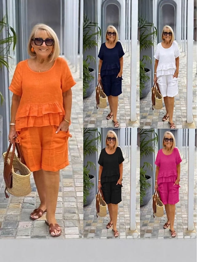 Women's Daily Cotton Linen Sets Short Sleeve Bishop Sleeve Crew Neck ...