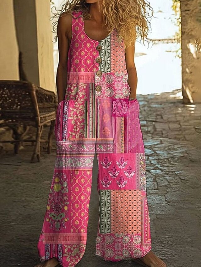 Women's Overall Active Floral Sleeveless Wide Leg Round Neck Patchwork ...