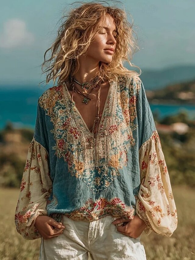 Women's Shirt Floral Elegant Bohemia Tropical Long Sleeve V Neck ...