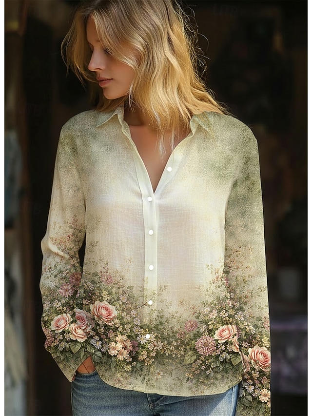 Women's Shirt Faux Cotton Linen Floral Bohemia Active Vintage Long ...