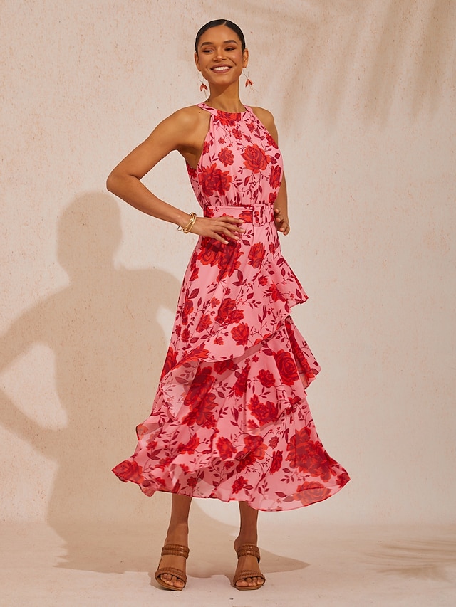 Vacation Pink Floral Waist-cinching Sleeveless Chiffon Maxi Dress 2026 ...