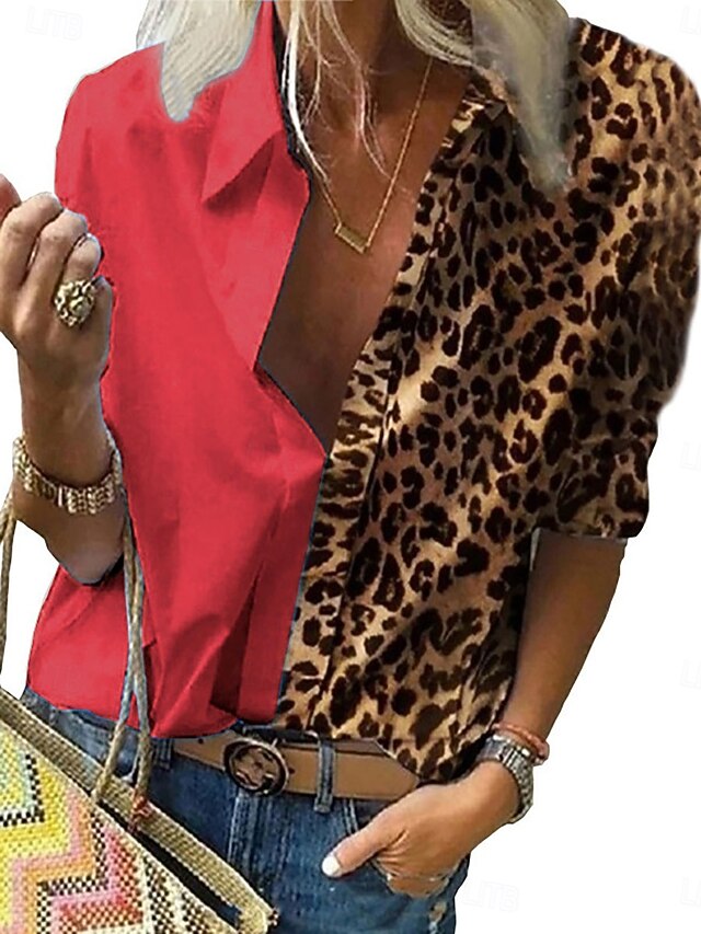 Women's Shirt Blouse Leopard Color Block Stylish Modern Casual Long ...