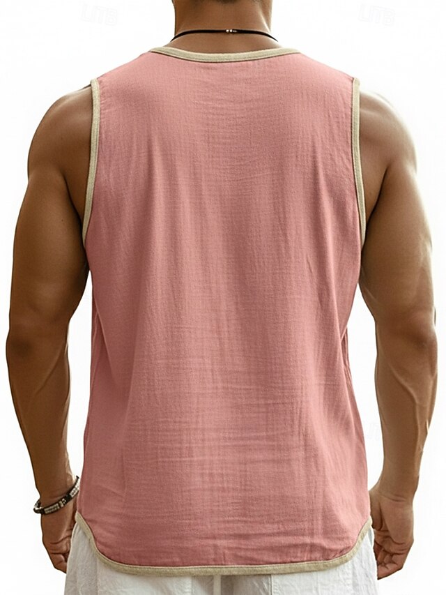Men's Linen Shirt Tank Top Vest Top Undershirt Sleeveless Henley Summer ...