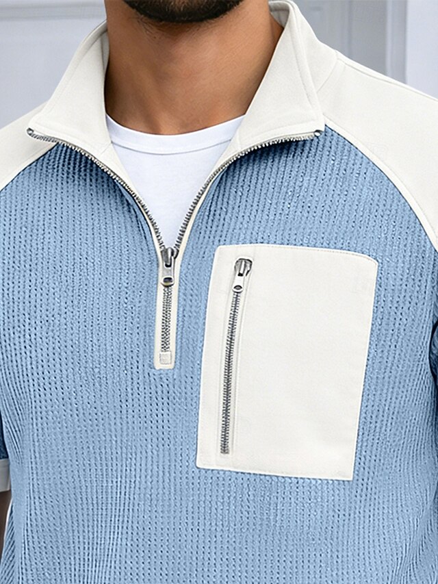 Male Waffle T-shirt T Shirt Short Sleeve Half Zip Summer Spring Fall ...