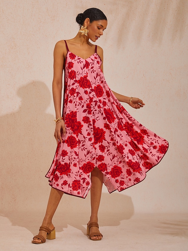 Vacation Pink Floral A line Cotton feel Cami Dress 2026 - $82.99