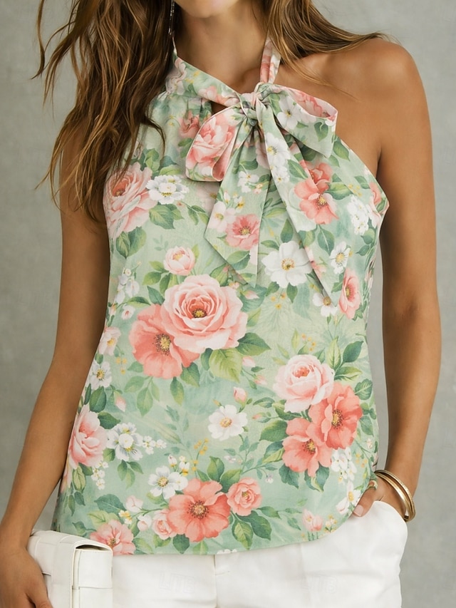 Women's Satin Top Halter Neck Top Tank Top Sleeveless Shirt Floral ...