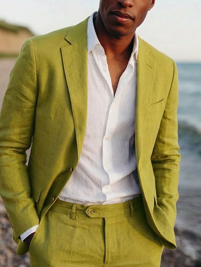 Men's Casual Beach Wedding Linen Suits Notch Lapel Sky Blue Sage Daily ...