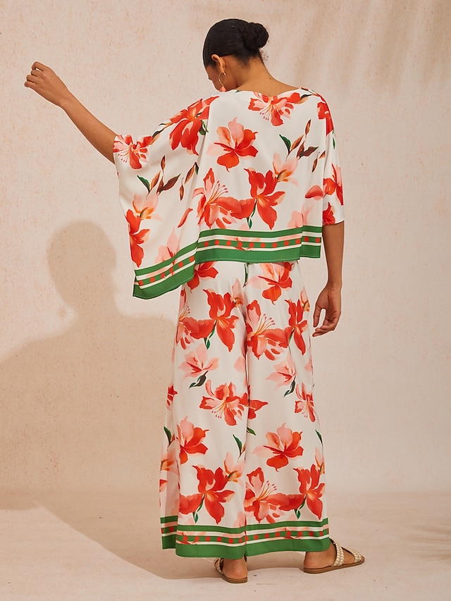 Vacation Color-block Floral Elastic Waist Satin Wide leg Pants 2026 ...