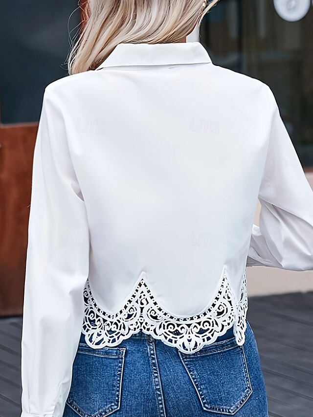 Women's Casual Shirt Button Up Shirt Blouse Lace Eyelet Buttons Solid ...