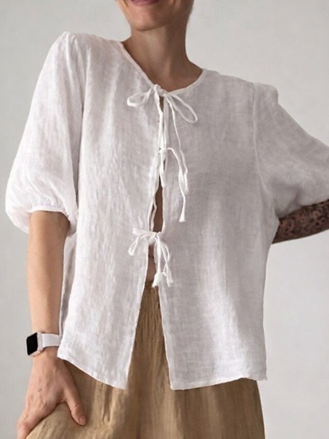 Women's Cotton Linen Shirts Solid Color Plain Daily Stylish Casual Half ...