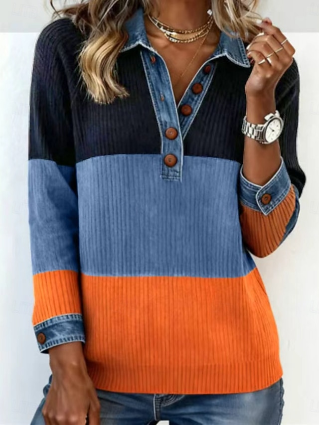 Women's Pullover Sweatshirt Plain Casual Long Sleeve Lapel Regular Tops ...