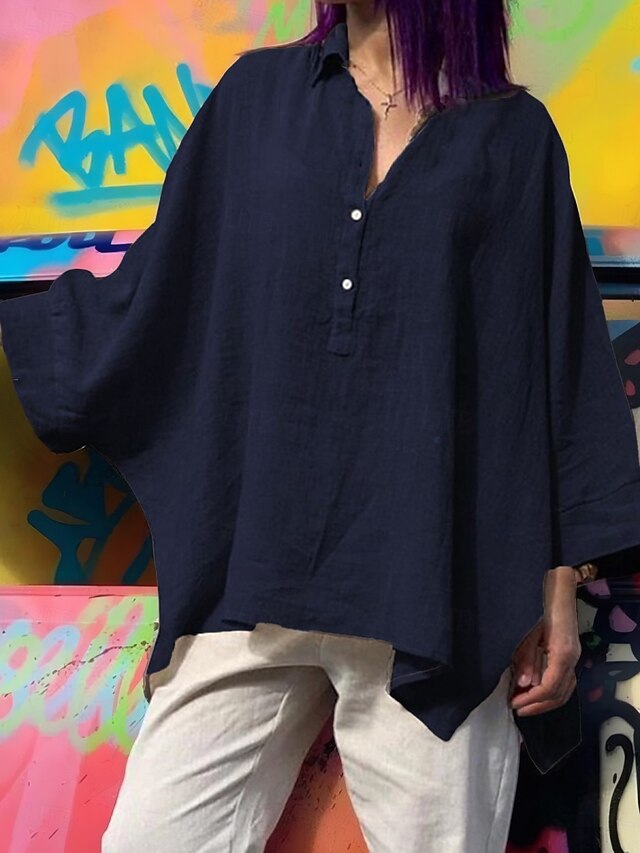 Women's Blouse Faux Cotton Linen Solid Color Stylish Casual Long Sleeve ...