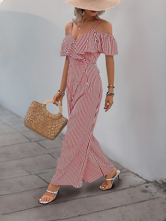 Women's Normal Jumpsuit Active Striped Short Sleeve Wide Leg Off ...