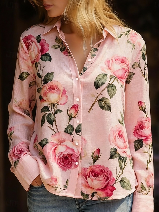 Women's Shirt Faux Cotton Linen Floral Bohemia Active Casual Long ...