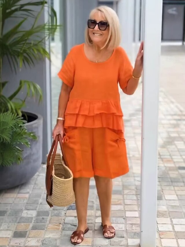 Women's Daily Cotton Linen Sets Short Sleeve Bishop Sleeve Crew Neck ...