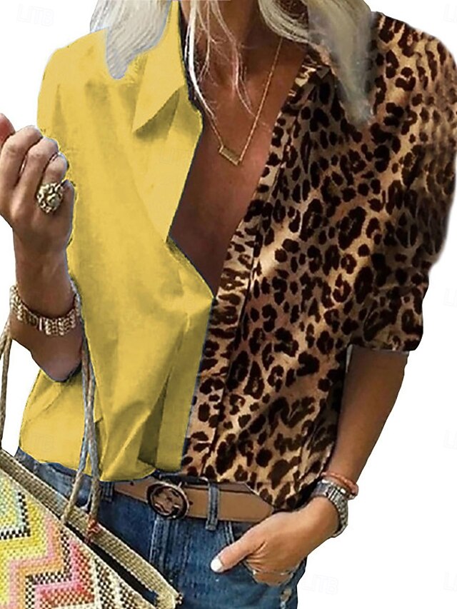 Women's Shirt Blouse Leopard Color Block Stylish Modern Casual Long ...