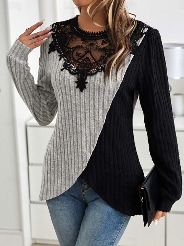 Women's Blouse Lace Tops Color Block Stylish Basic Classic Long Sleeve ...