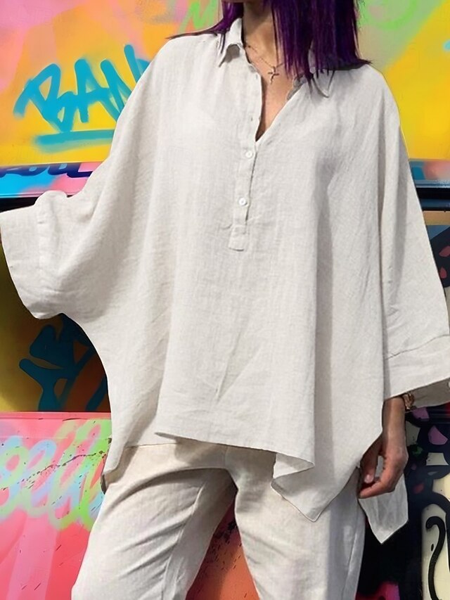 Women's Blouse Faux Cotton Linen Solid Color Stylish Casual Long Sleeve ...