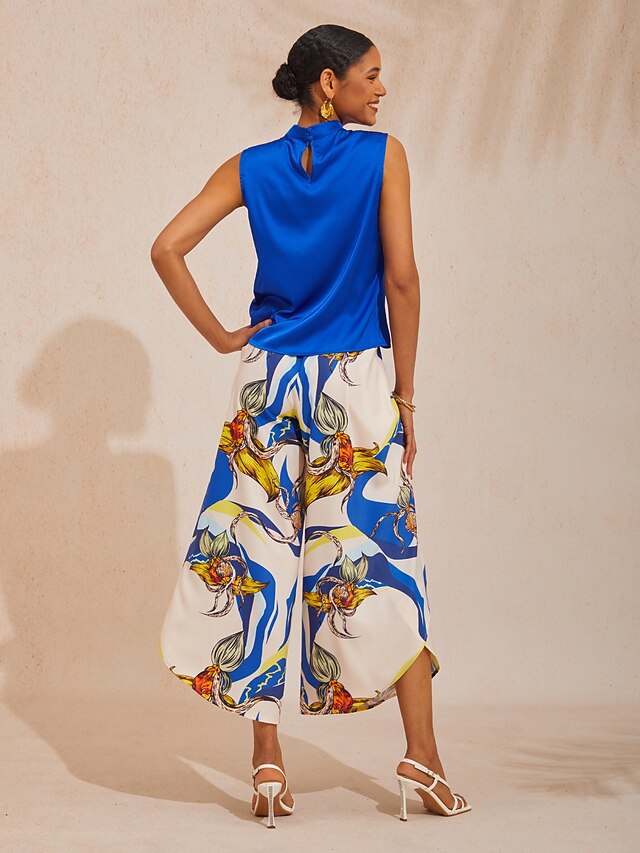 Vacation Abstract Geometric Print Curved Hem Cross-over Satin Wide leg ...