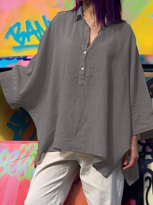 Women's Blouse Faux Cotton Linen Solid Color Stylish Casual Long Sleeve ...