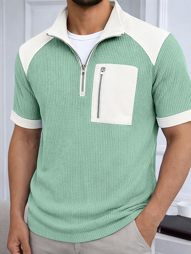 Male Waffle T-shirt T Shirt Short Sleeve Half Zip Summer Spring Fall ...