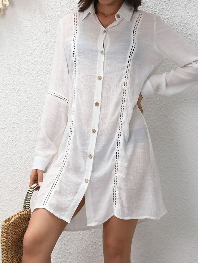 Women's Mini Dress White Dress Beach Dress Shirt Dress Cover Up Elegant ...