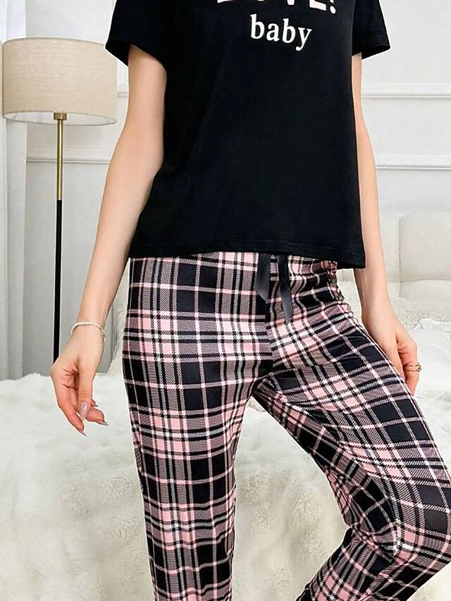 Women's Loungewear Pajama Set Fashion Simple Casual Grid / Plaid Letter ...