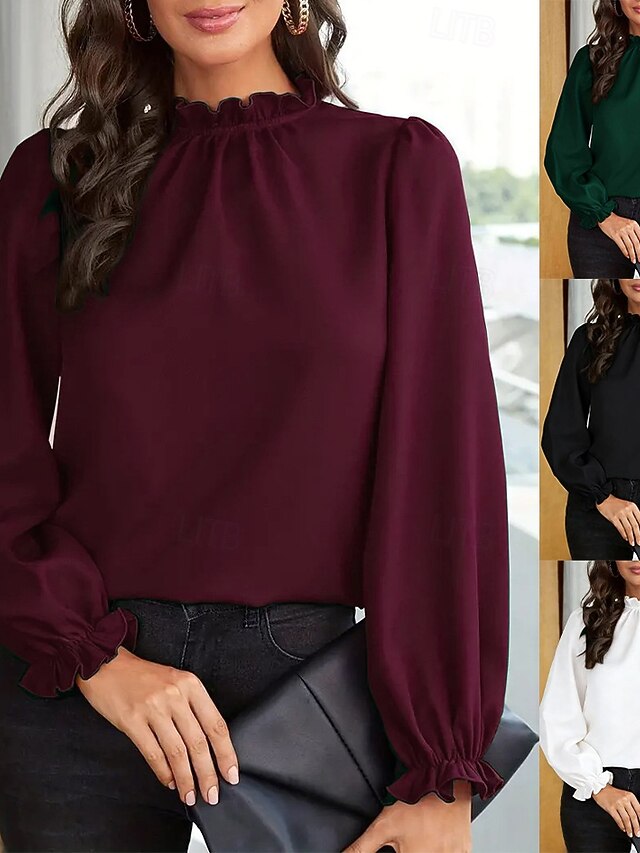 Women's Shirt Summer Tops Ruffle Solid Color Plain Stylish Basic Long ...