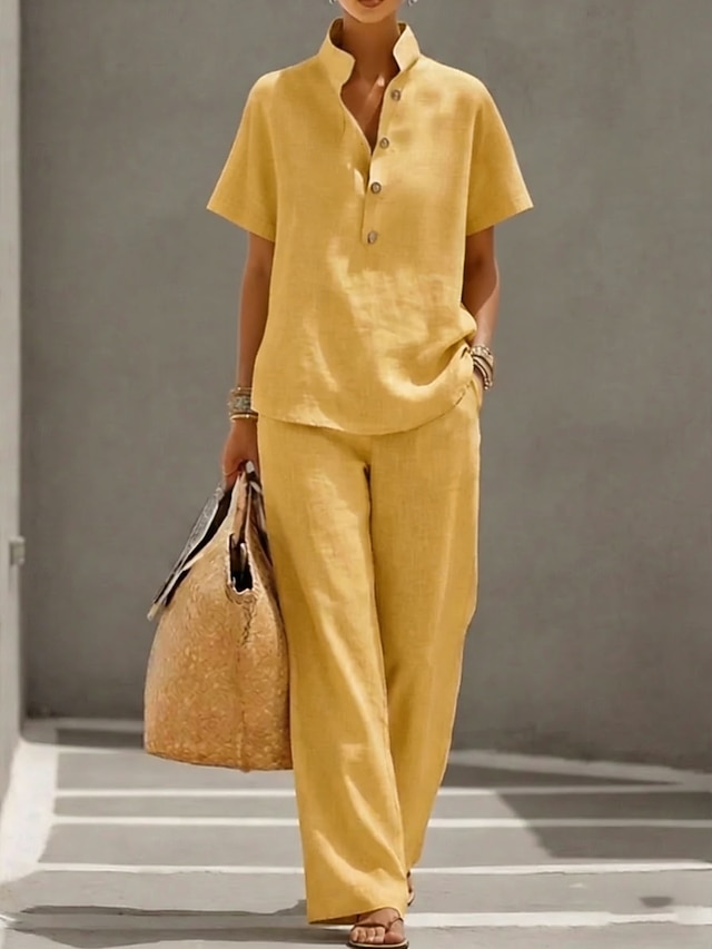 Women's Pants Sets Faux Cotton Linen Short Sleeve Stand Collar Solid ...