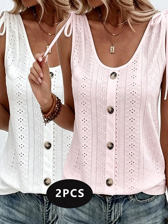 Multi Packs 2pcs Women's U Neck Sleeveless White+Pink Tank Top Buttons ...