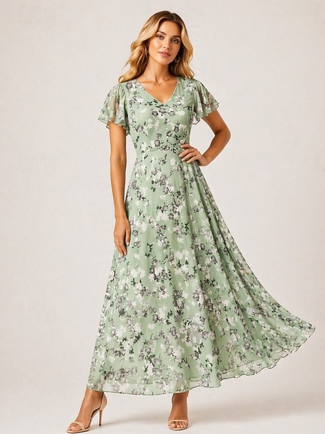Women's Chiffon Floral Midi Dress Short Sleeve V Neck Summer Cocktail ...