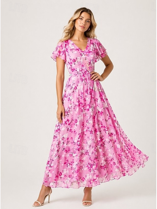 Women's Chiffon Floral Midi Dress Short Sleeve V Neck Summer Cocktail ...