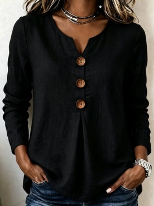 Women's Shirt Solid Color Plain Bohemia Vacation Vintage Long Sleeve V ...