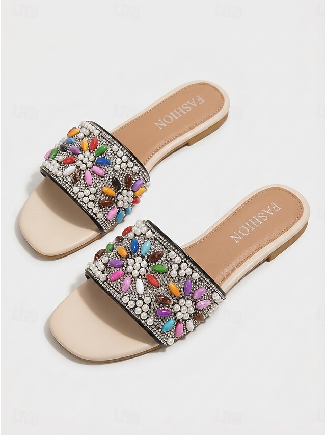 Women's Beige Flat Slide Sandals with Colorful Beads and Pearls ...